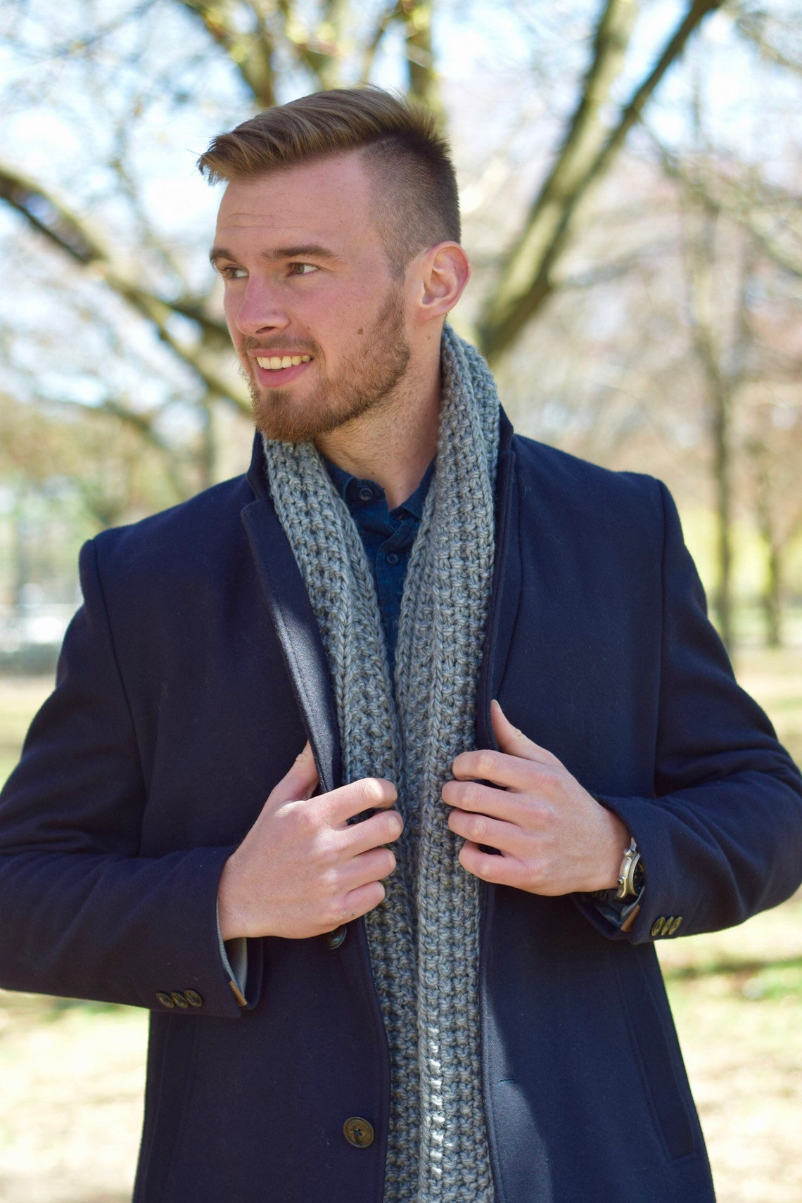 Knit Scarf for Men Wool Chunky Grey Scarf Unisex Hand Knit - Etsy