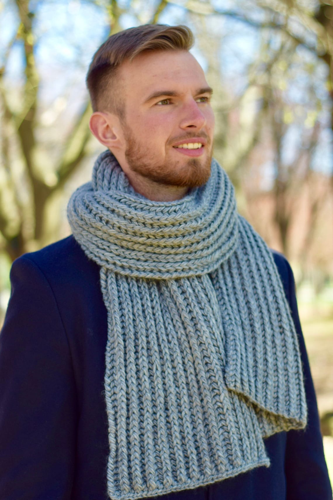 Knit Scarf for Men Wool Chunky Grey Scarf Unisex Hand Knit | Etsy