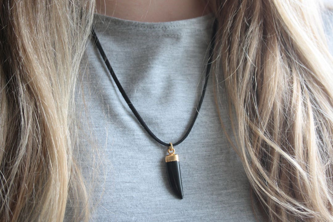 Black Onyx Dog Tooth Pendant Necklace With Gold Eletroplated Bail on an ...