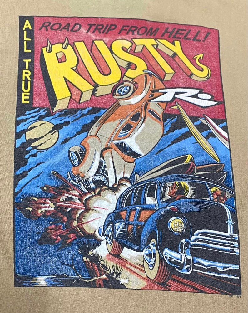 Vintage 1995 RUSTY Surf Surfing Cartoon Comic Long Sleeve T Shirt Brown ...