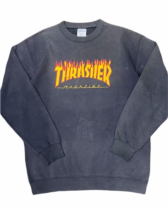 Vintage 80s Thrasher Distressed Skateboard Sweatshirt Black Vintage 80s Thrasher Distressed Skateboard Sweatshirt Black