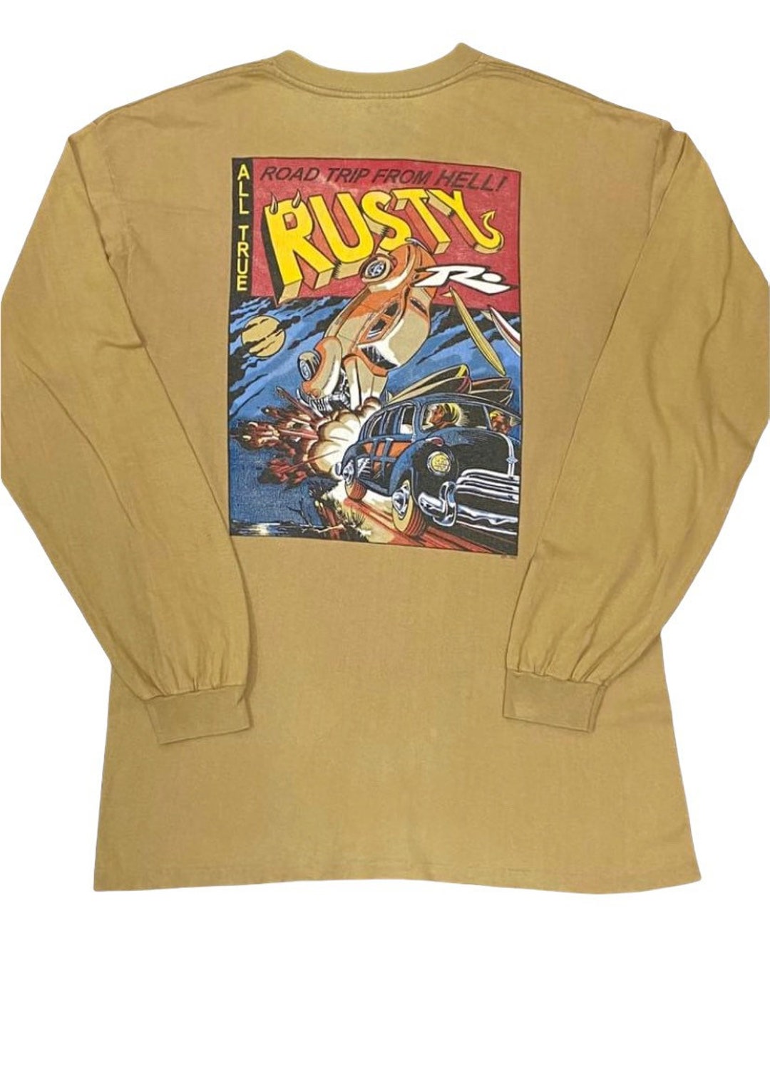 Vintage 1995 RUSTY Surf Surfing Cartoon Comic Long Sleeve T Shirt Brown ...
