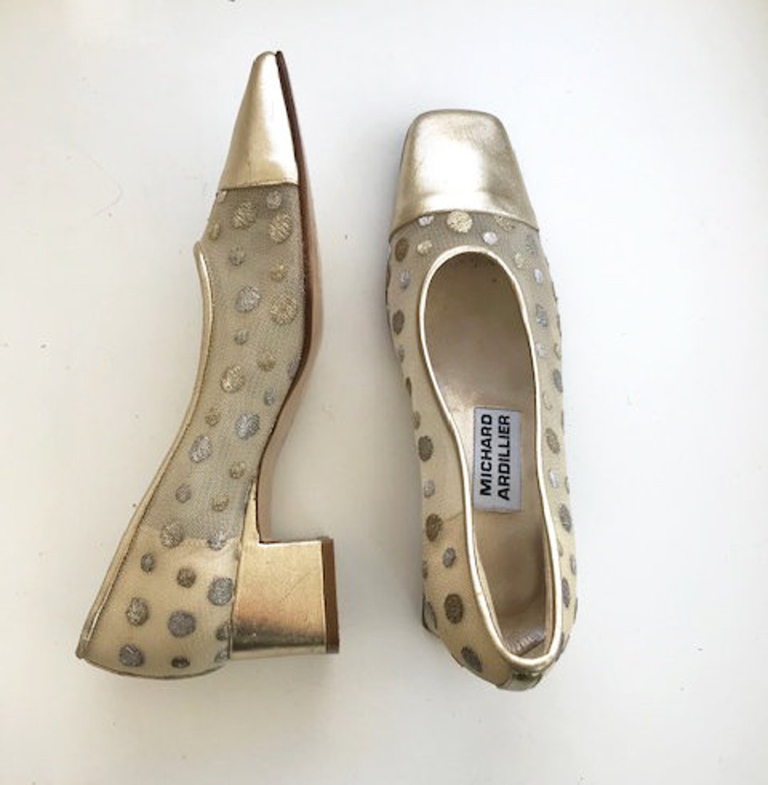 Vintage Gold Block Heel Pumps // Gold Toe Heel // Polka Dot Gold Mesh ...