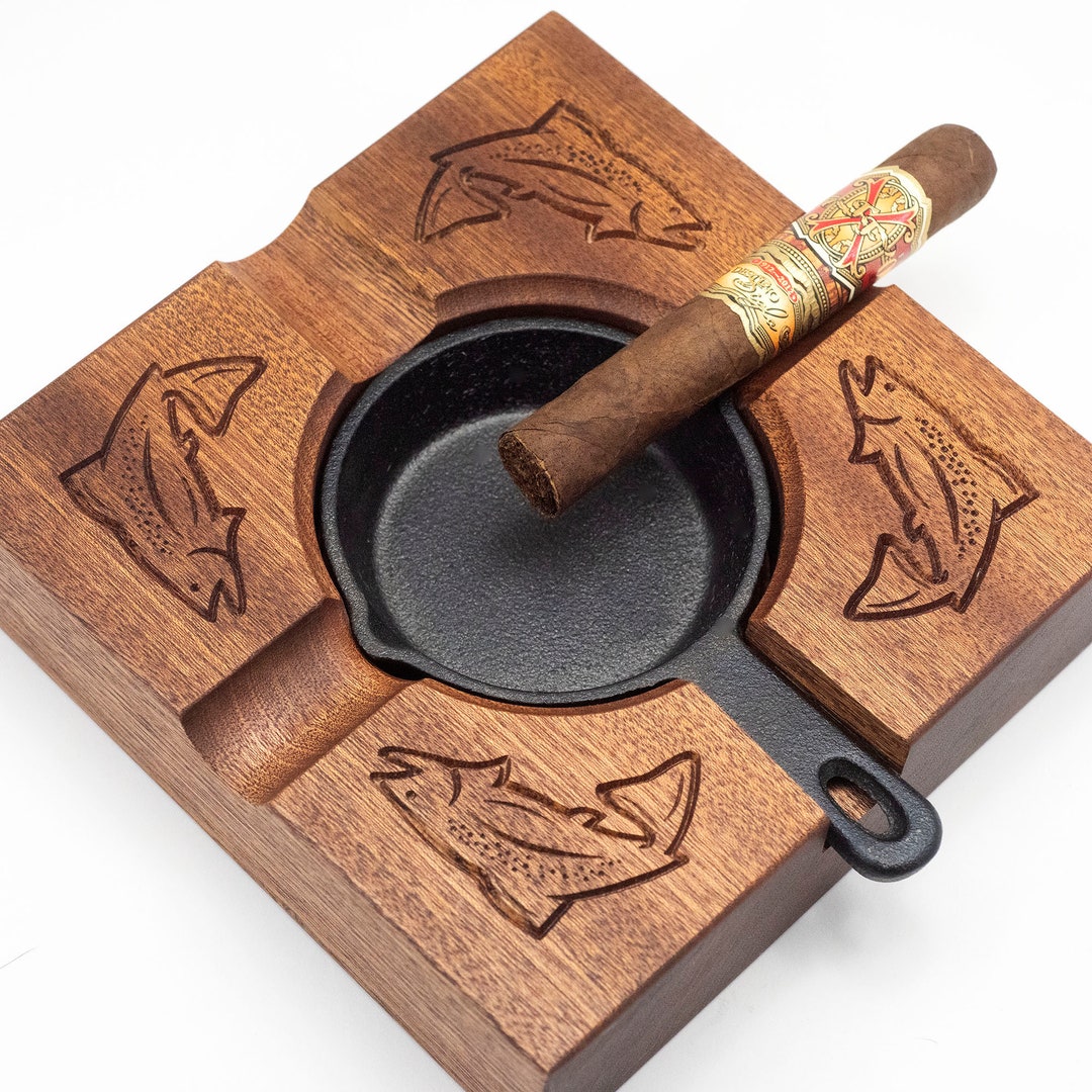 Solid Wood Cigar Ashtray With Trout Engraving and Cast Iron Skillet ...