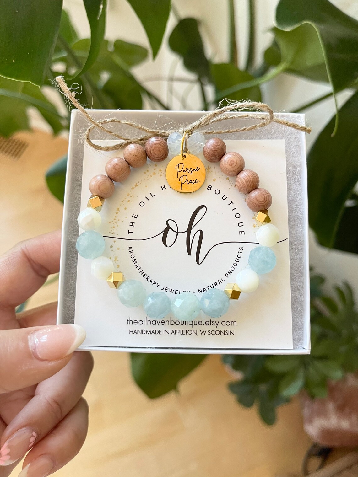 Aquamarine Gemstone Diffuser Bracelet, Mother of Pearl & Rosewood - Etsy