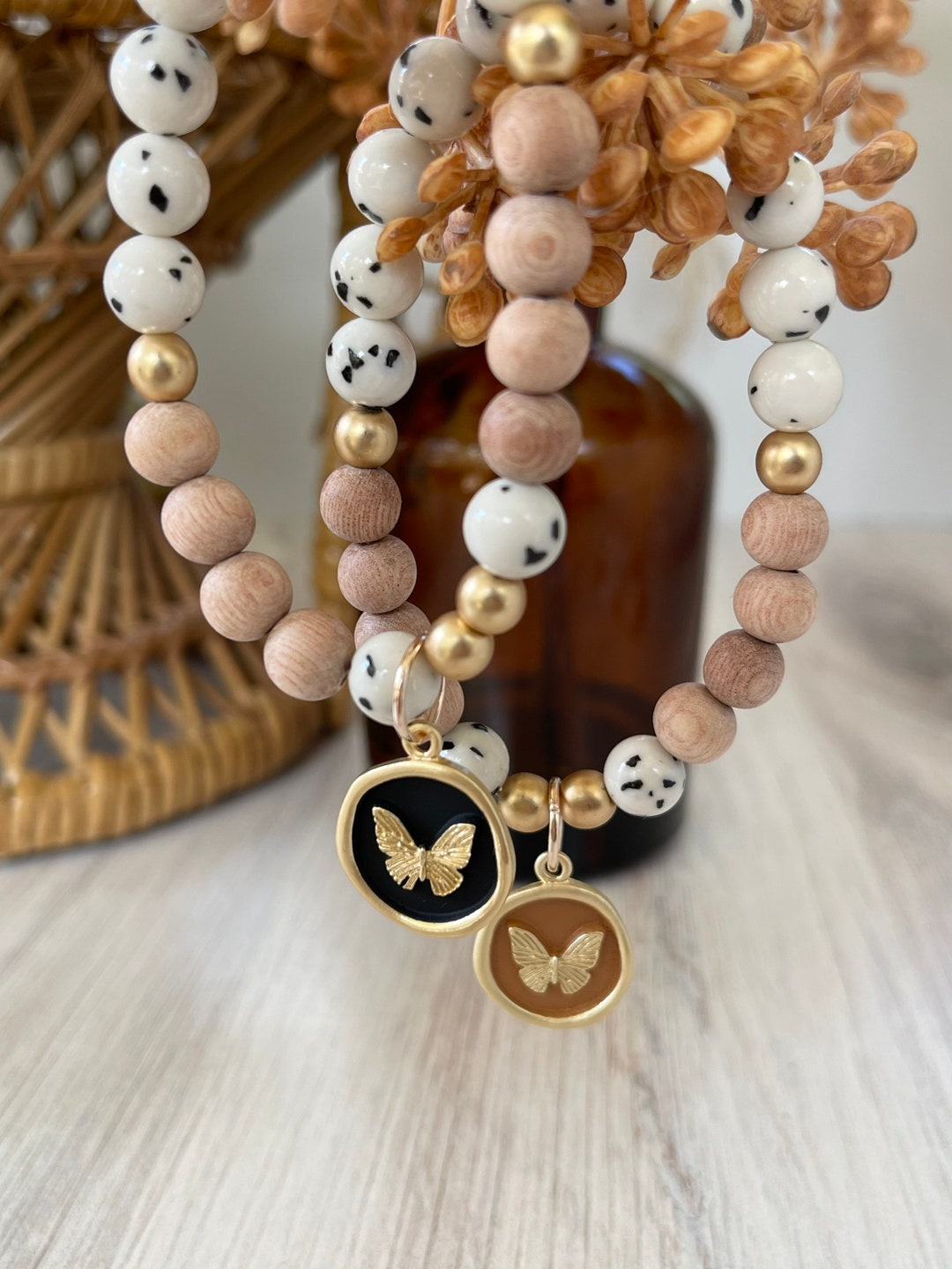 Fall Butterfly Charm Diffuser Bracelets Dalmatian Jasper Gemstone ...