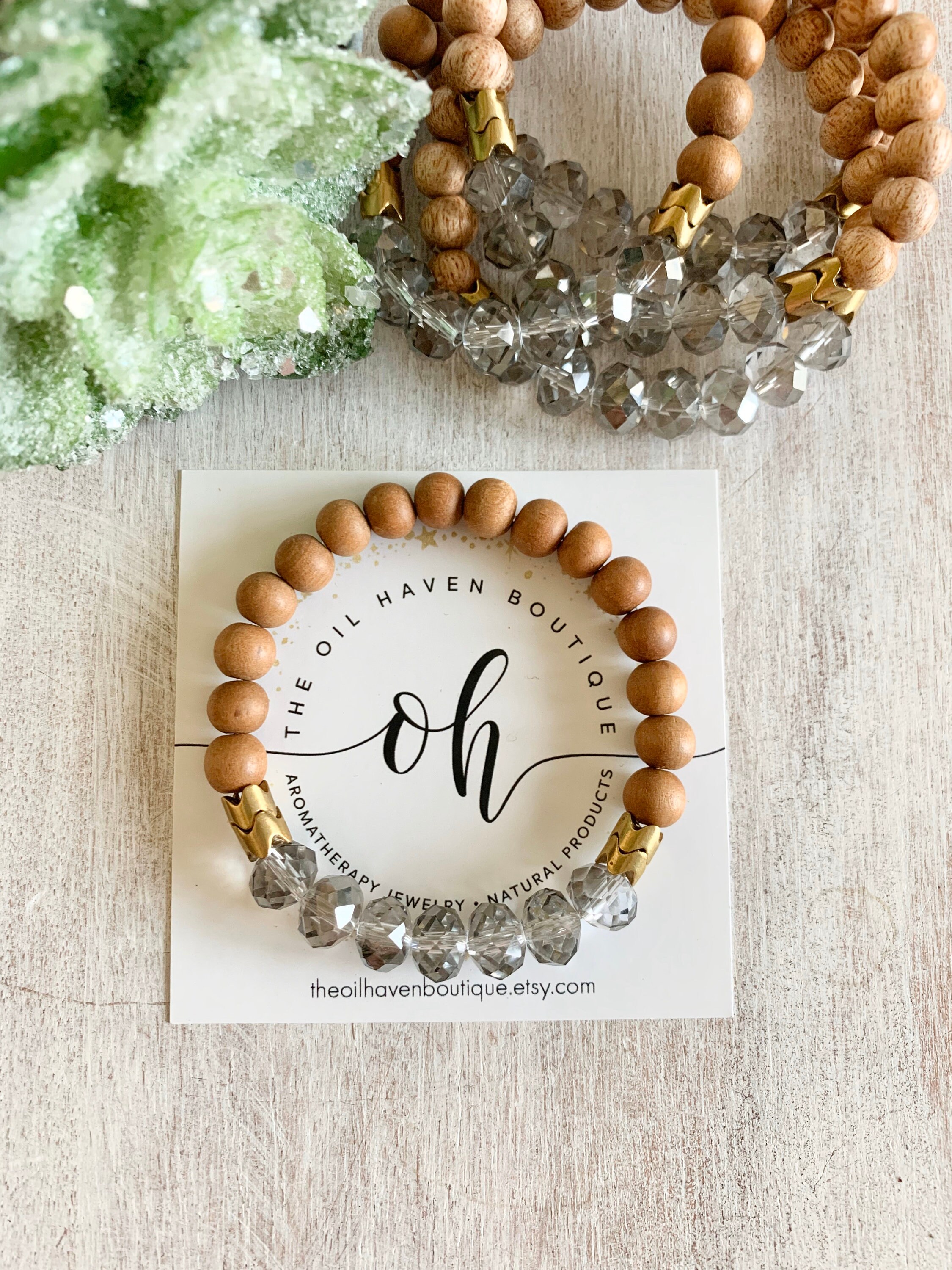 Smokey Crystal Bling ~ Diffuser Bracelet ~ Sandalwood Beads ~ Mahogany ...