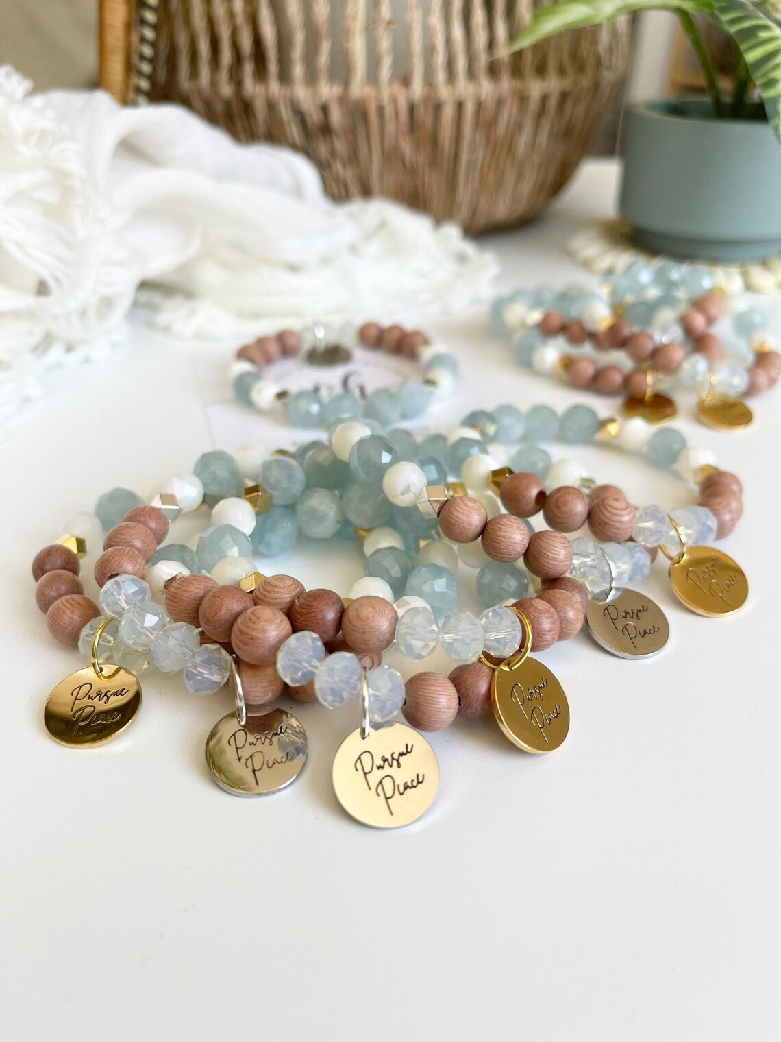 Aquamarine Gemstone Diffuser Bracelet, Mother of Pearl & Rosewood - Etsy