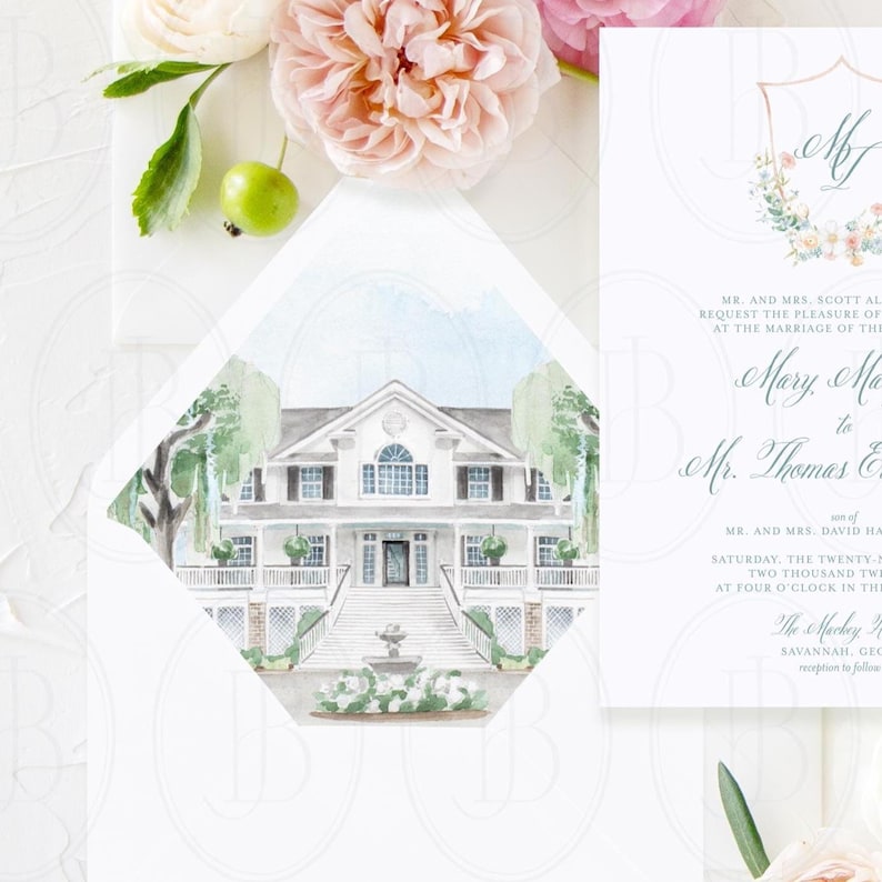 Mackey House Watercolor Venue Liner: Savannah Wedding Invitation ...
