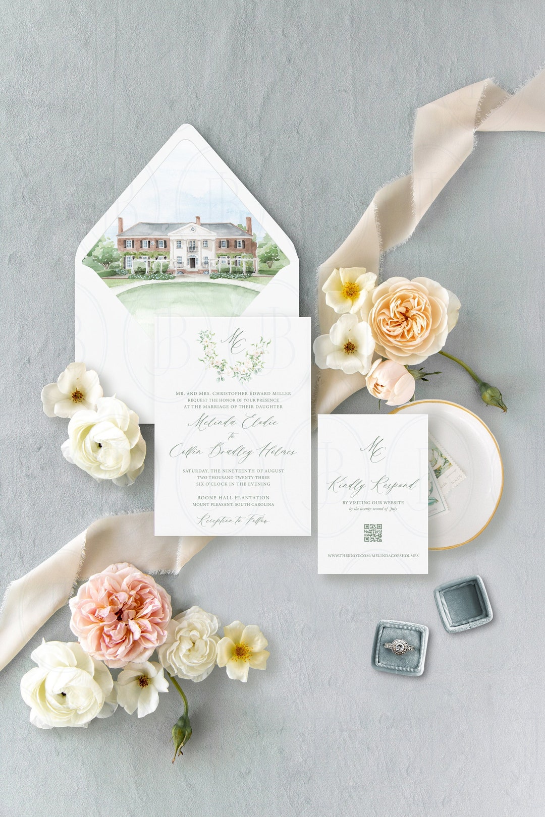 Envelope Liner Wedding Invitation Suite, Custom Watercolor Venue ...