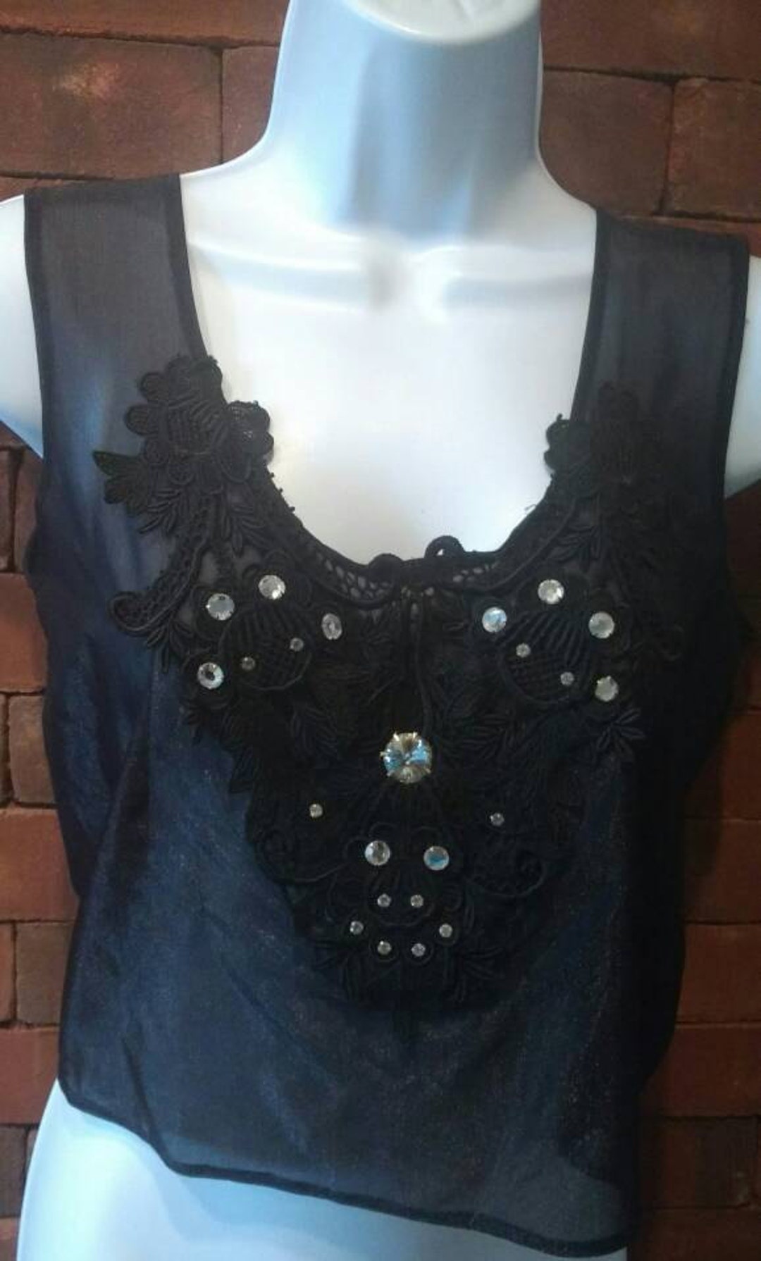 Ellen Brock Lingerie Jeweled & Lace Black Sheer Camisole Size M New W ...