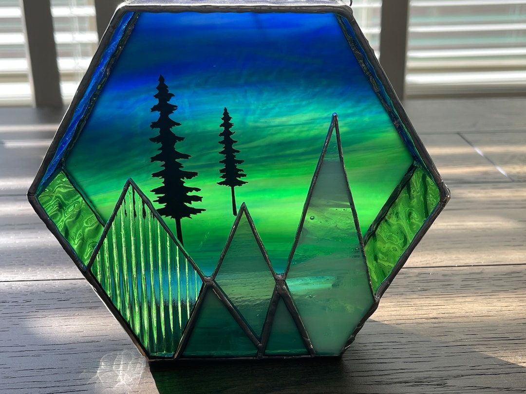 3-D Stained Glass Polygon Featuring Pine Trees, Mountains - Etsy