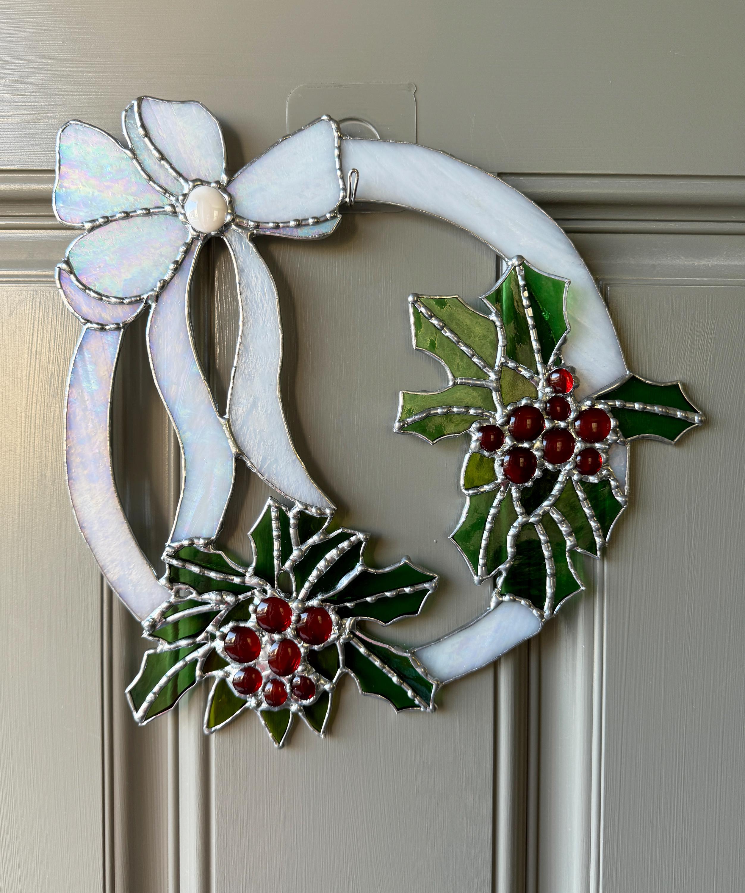 Stained Glass Wreath With Holly - Etsy