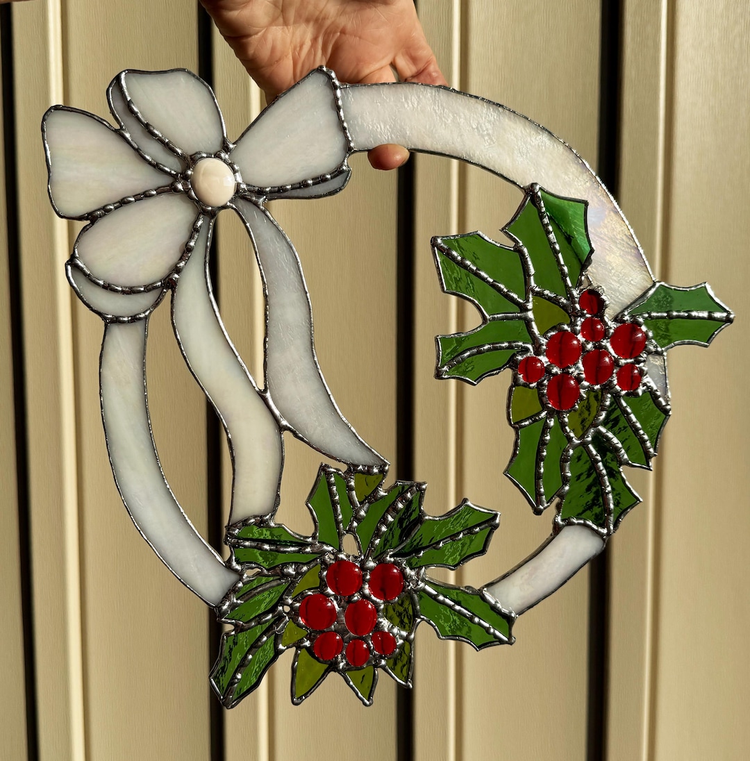 Stained Glass Wreath With Holly - Etsy