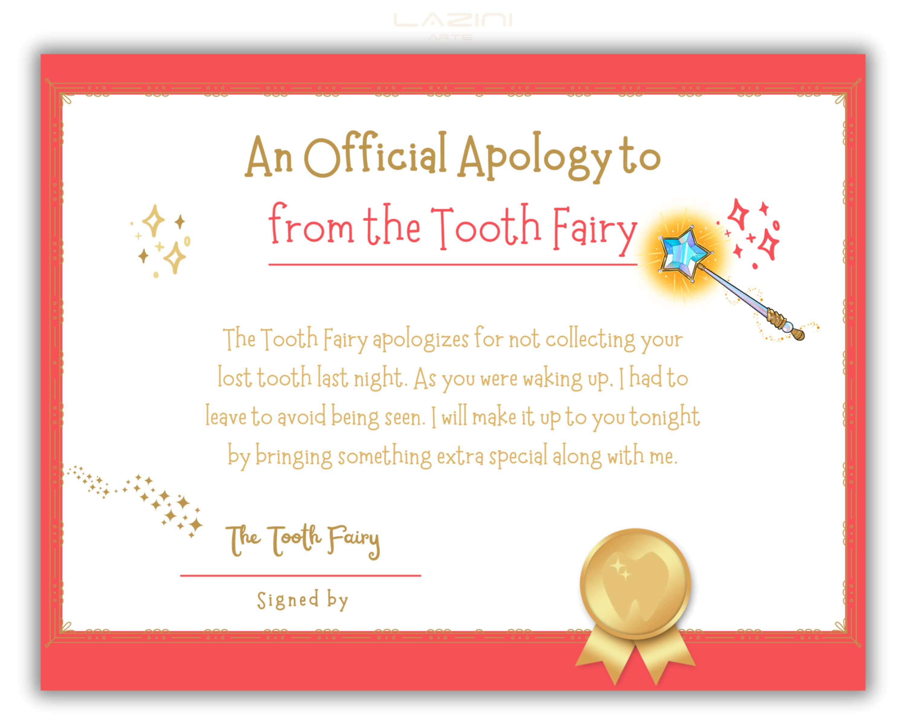 Forgot to Be Tooth Fairy, Late Excuse Tooth Fairy Note, Apology Letter ...