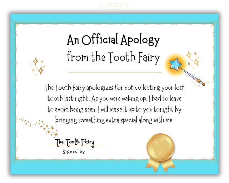 Apology Letter From Fairy, Tooth Fairy Apology Certificate, Late Excuse ...