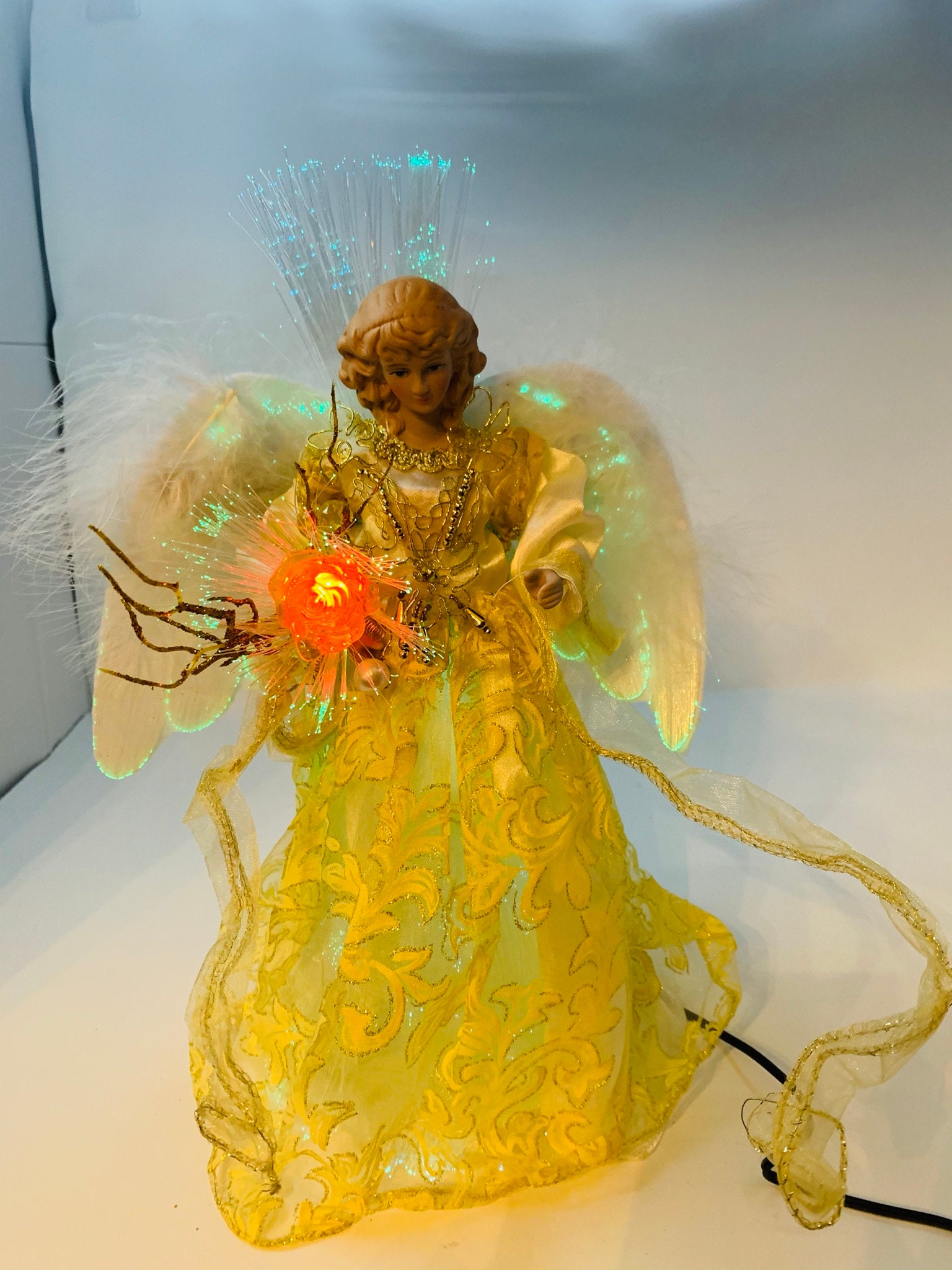 Fiber Optic Angel Lighted Angel Figurine Beautiful Gold & Lace Dress ...