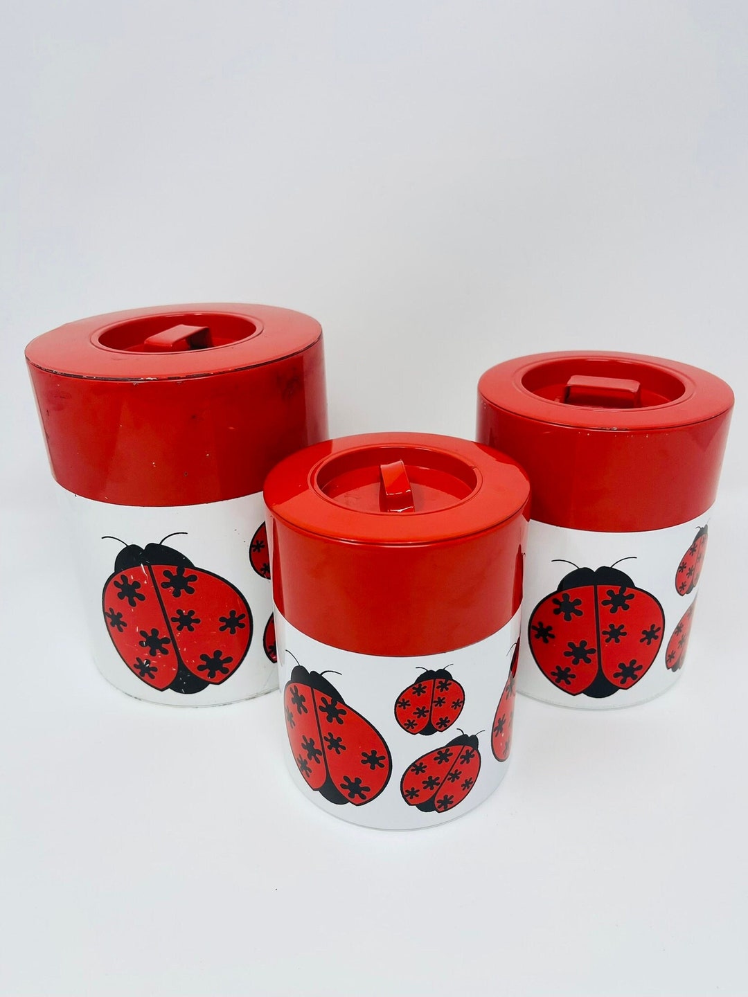 Metal Ladybug Canisters - Vintage Metal Stacking Canisters - Vintage ...