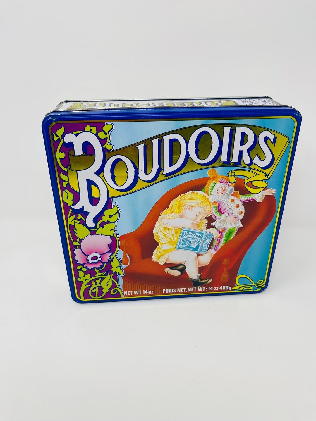 Square Floral French Tin - Vintage Sponge Fingers Large Square Tin ...