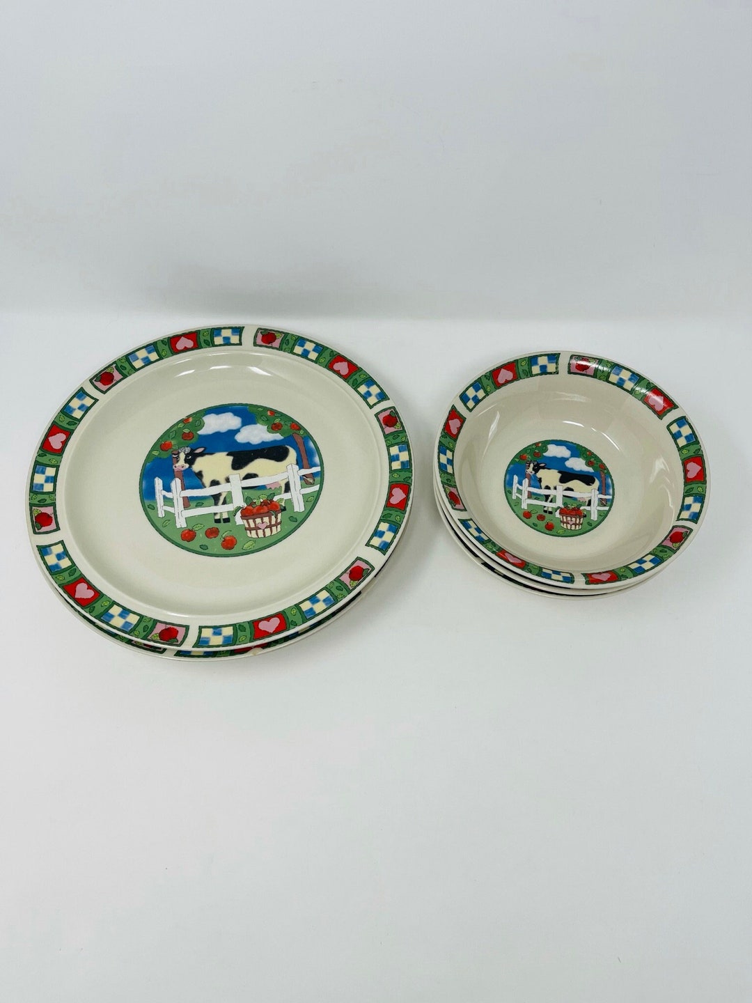 Gibson Barnyard Plate and Bowls - YOU PICK - Cow Fence Heart Apples ...