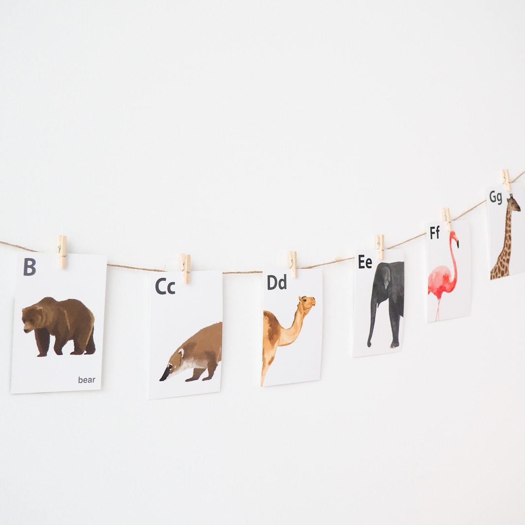 Alphabet Flash Cards Wall Display Animal Cards A to Z Watercolor ...