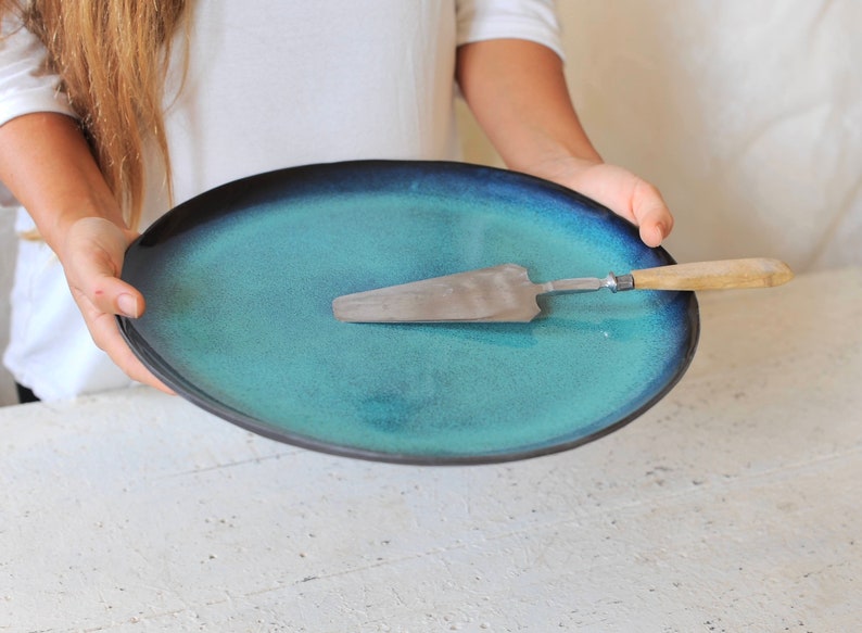 Large Blue Ceramic Serving Plate - Etsy