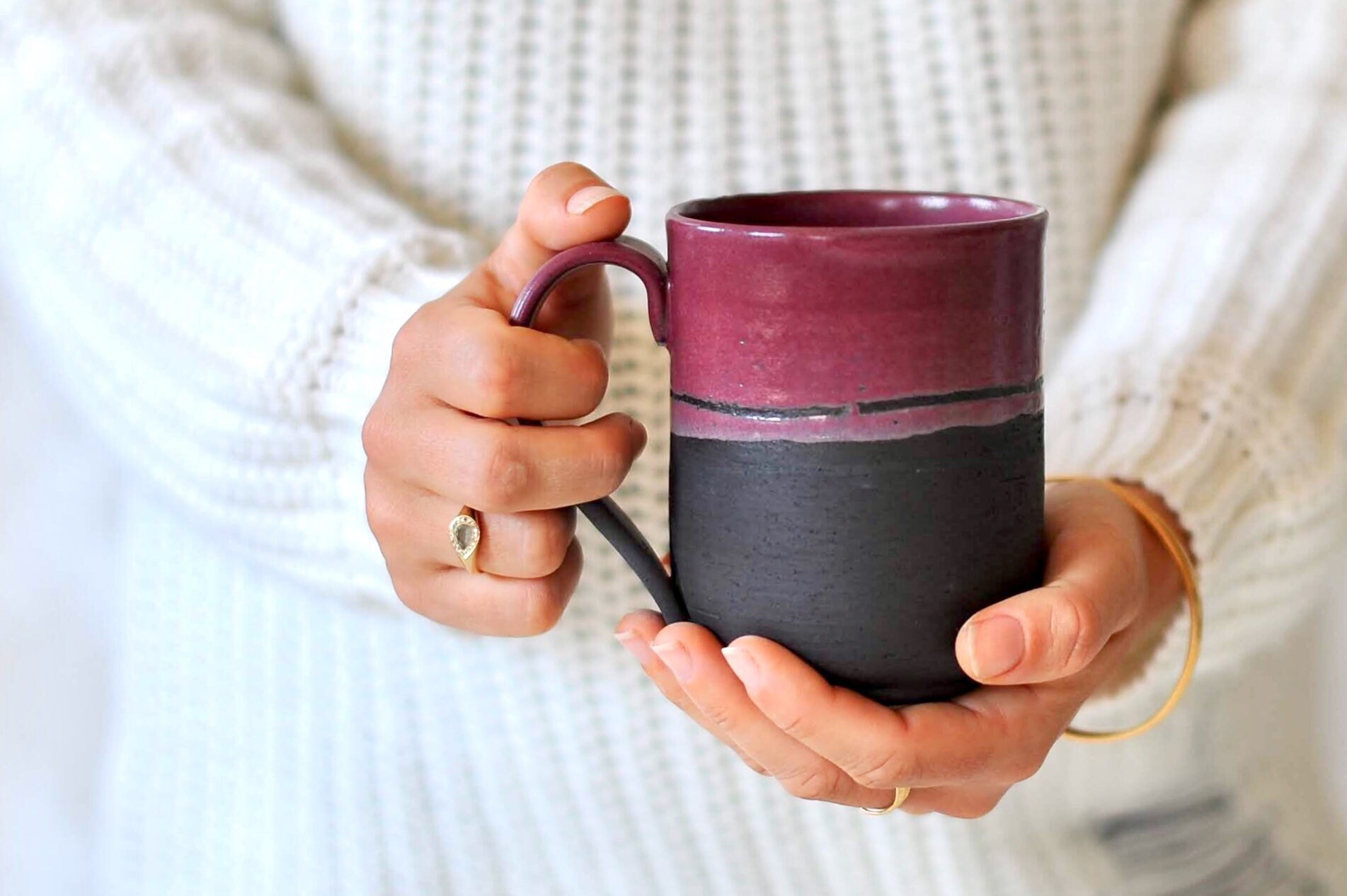 Raspberry red wine and black ceramic mug | Etsy