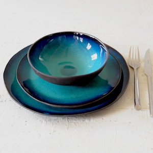 Ceramic Plates Set, 3 Blue Pieces - Etsy