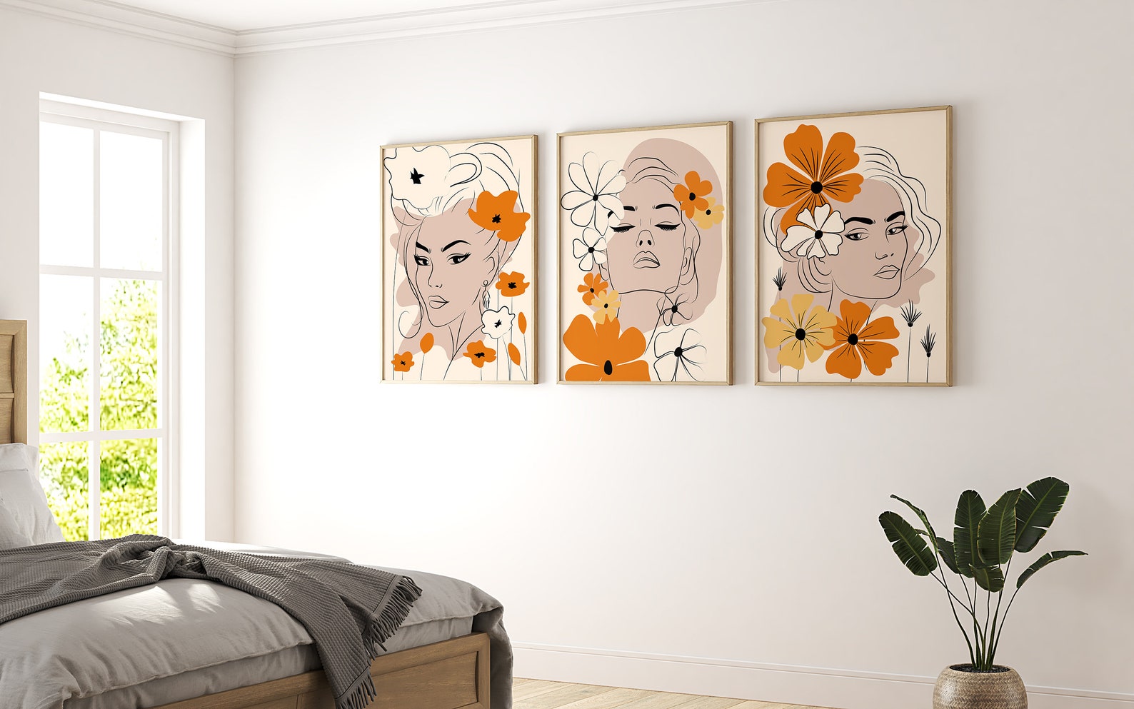Flower Woman Line Art Set, Floral Woman Line Draw, Woman Wall Art ...