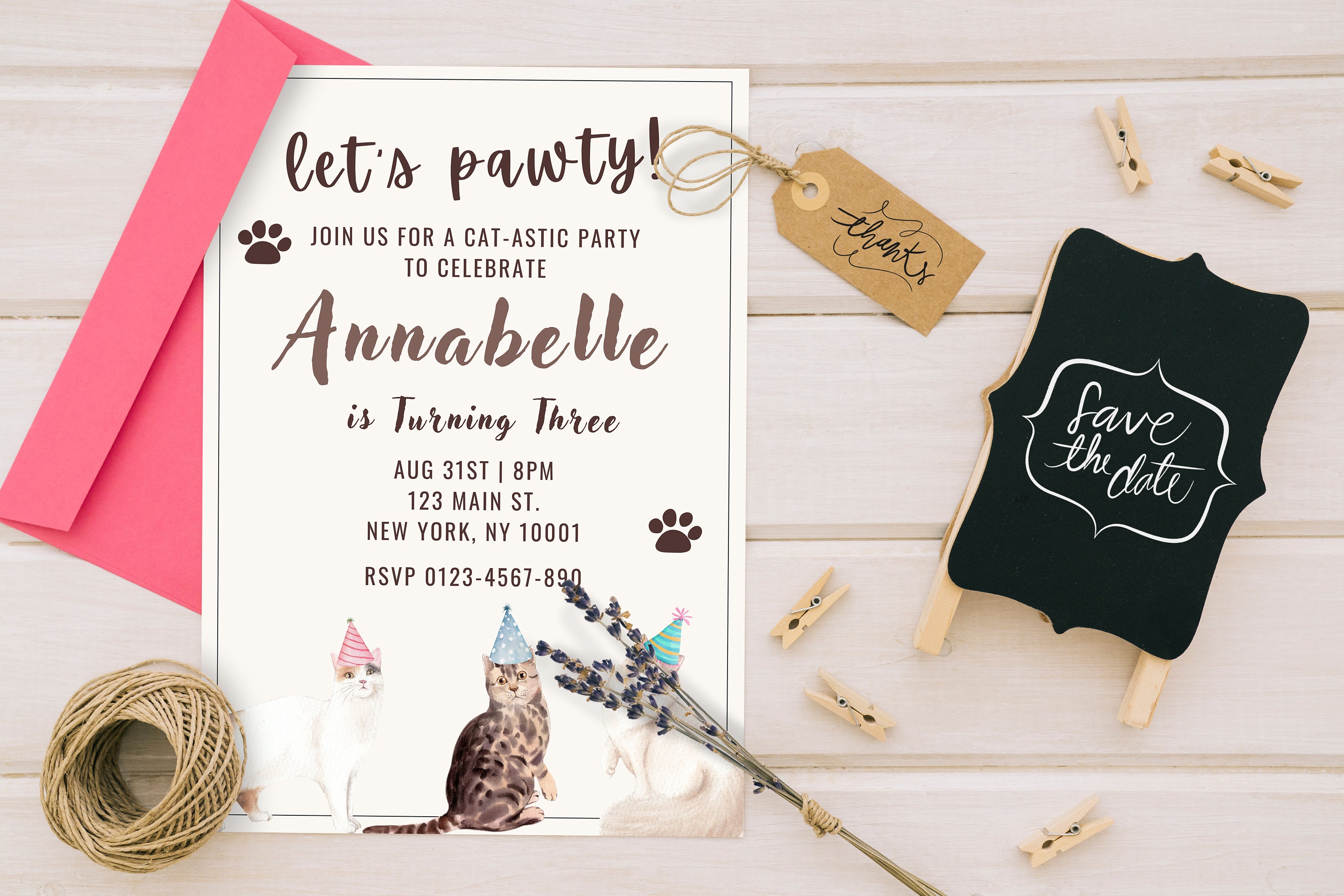 Editable Cat Birthday Invitation, Let's Pawty Time Print Template ...