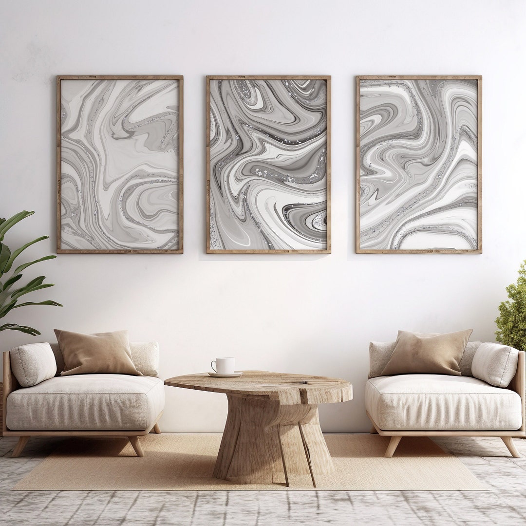 Grey Marble Wall Art Set of 3, Abstract Marble Prints, Glitter Bedroom ...