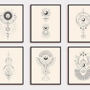 Celestial Stars and Moon Mystical Wall Art, Abstract Black and White Neutral Boho Artwork ...