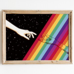 Colorful Holding Hands Print Wall Art, Reaching Hands Rainbow Space ...