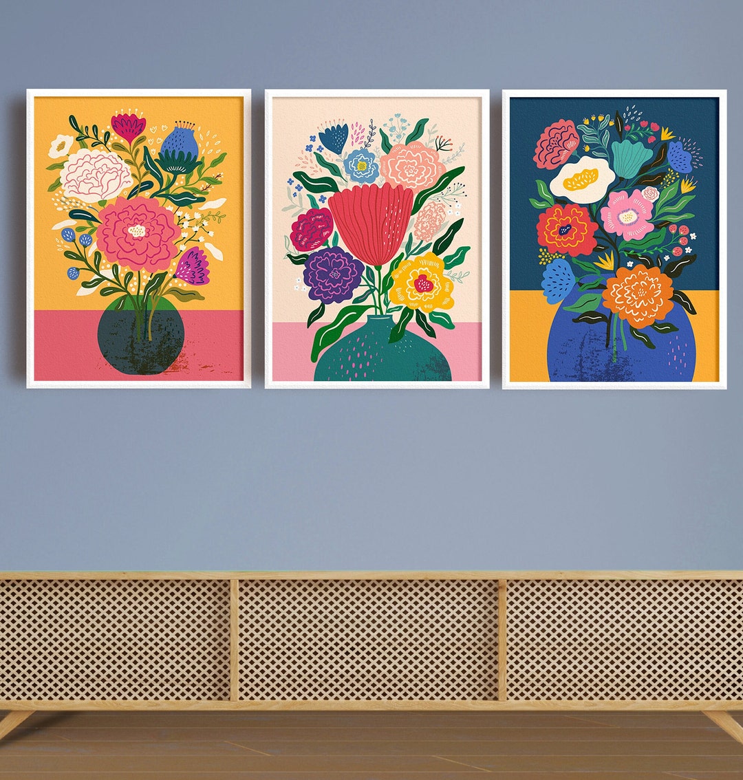 Set of 3 Flower Bouquet Wall Art, Bright Floral Prints, Digital ...