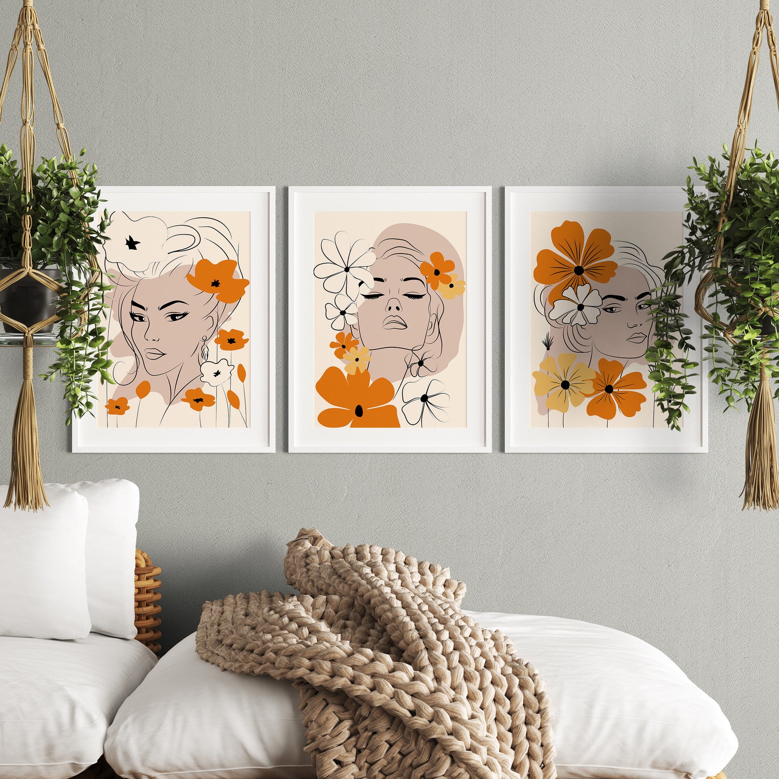 Flower Woman Line Art Set, Floral Woman Line Draw, Woman Wall Art ...