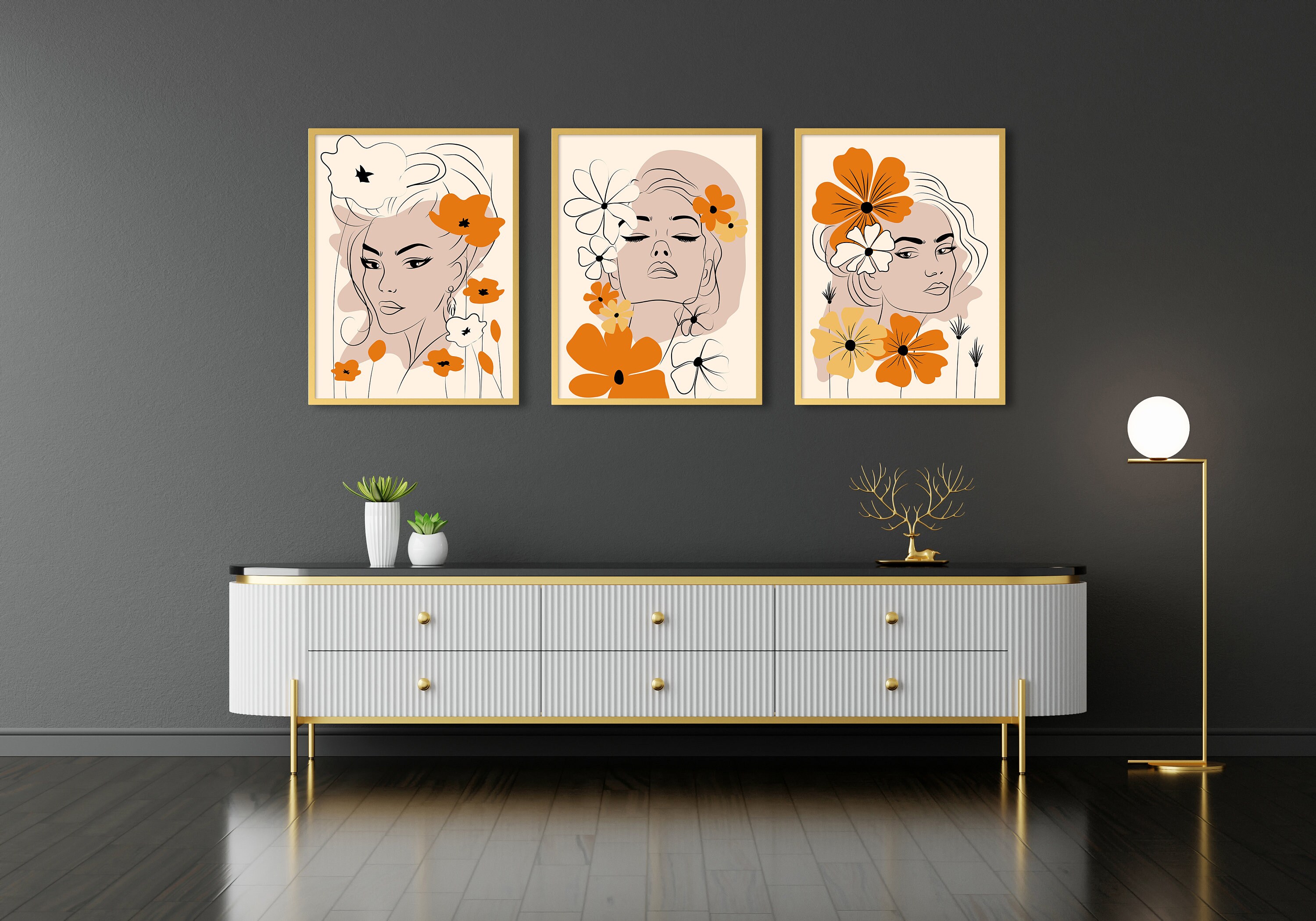 Flower Woman Line Art Set, Floral Woman Line Draw, Woman Wall Art ...