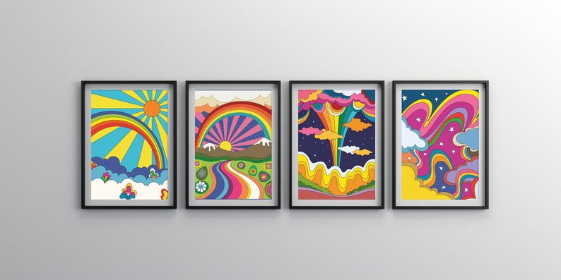 Retro Rainbow Art, Vibrant Wall Decor, Colorful Abstract Wall Art ...