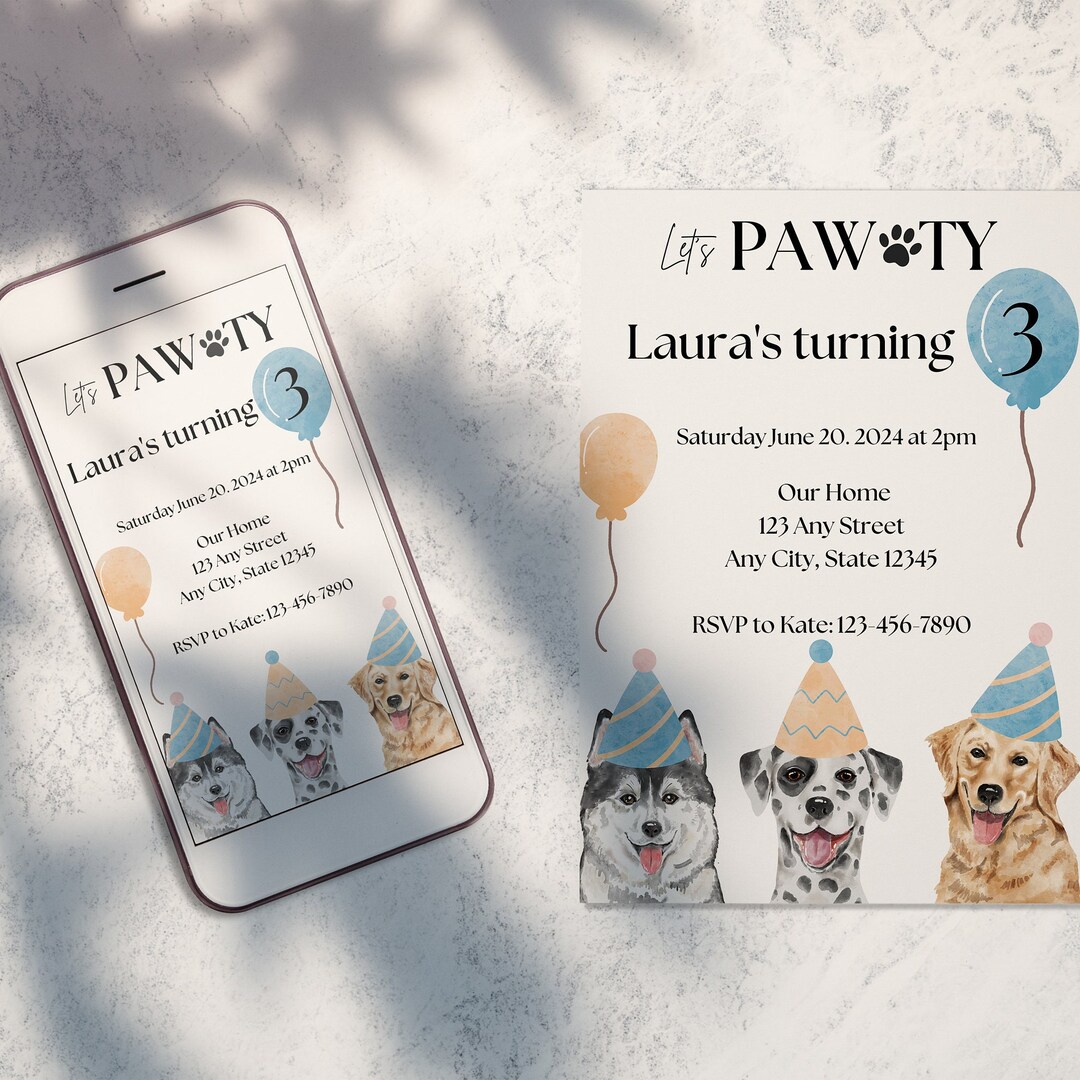 Editable Dog's Birthday Invitation Template, Printable Dog Pawty ...