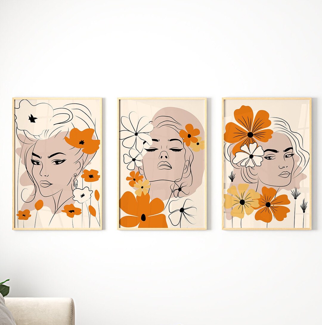 Flower Woman Line Art Set, Floral Woman Line Draw, Woman Wall Art ...