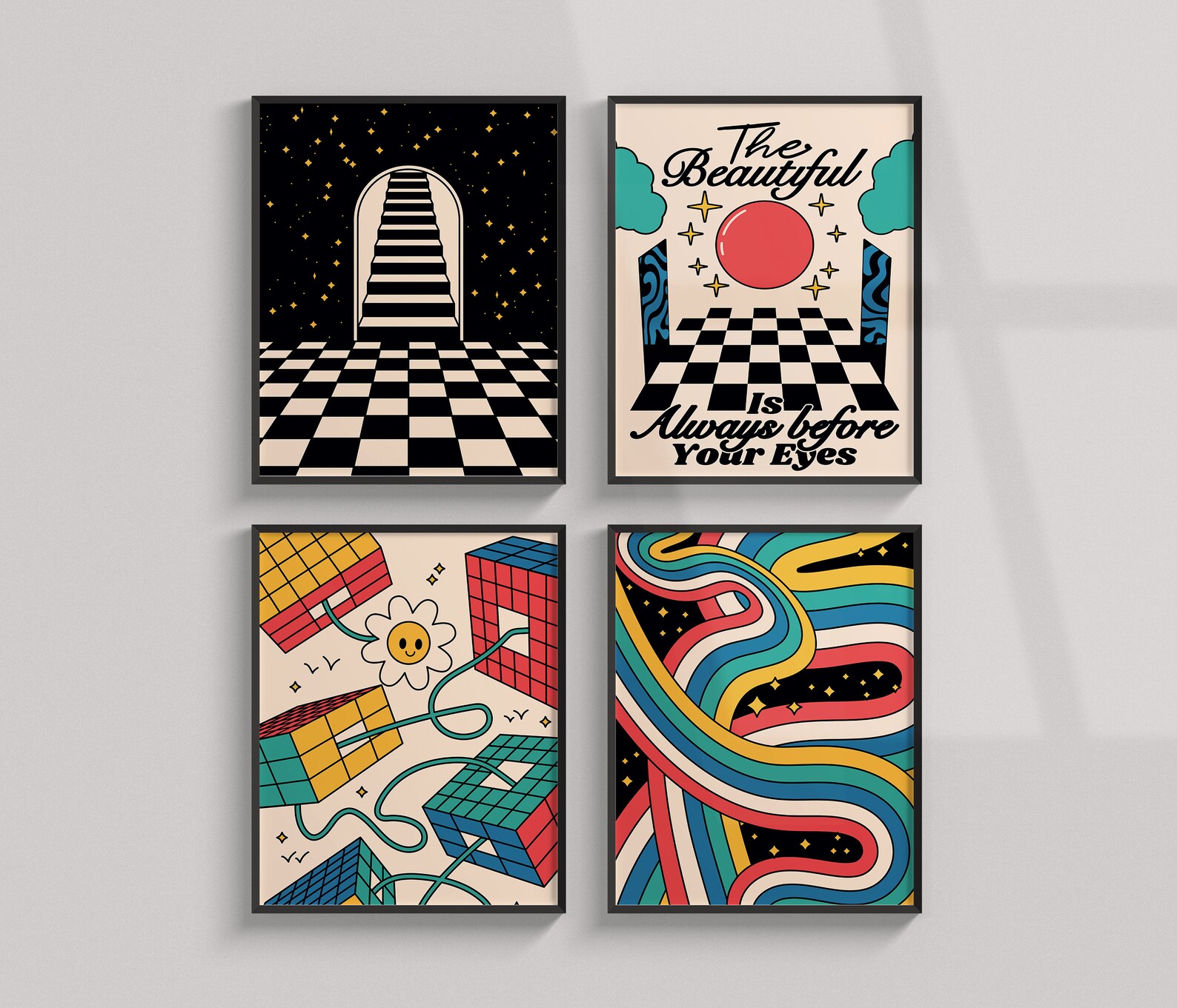 Retro Groovy Wall Art Prints Set of 4, Colorful Abstract Retro Art ...