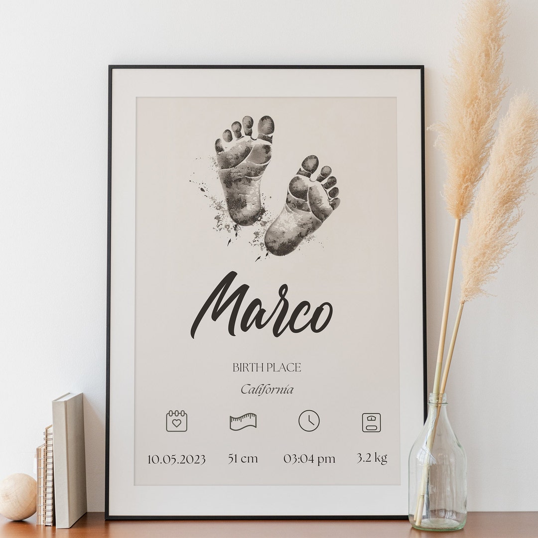 Editable Newborn Birth Print Wall Art, Newborn Footprint Art, Printable ...