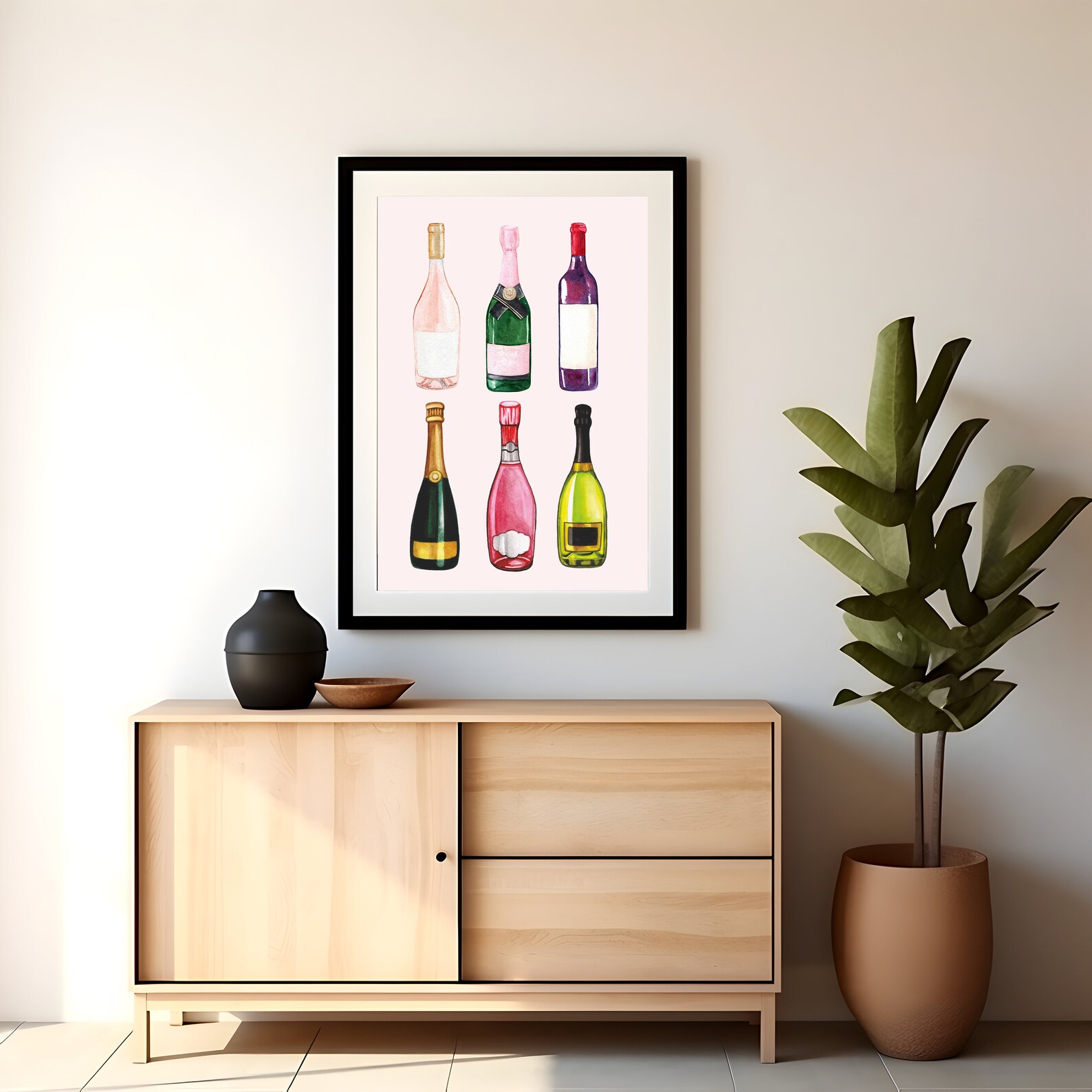 Retro Champagne Print Wall Art, Bar Cart Decor, Chinoiserie Wall Art ...