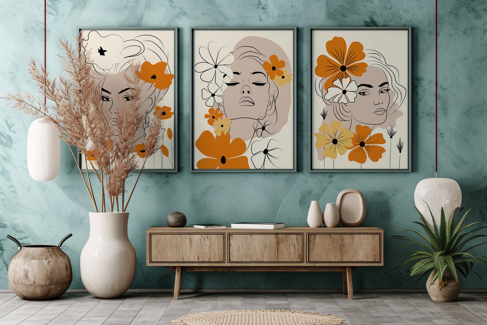 Flower Woman Line Art Set, Floral Woman Line Draw, Woman Wall Art ...