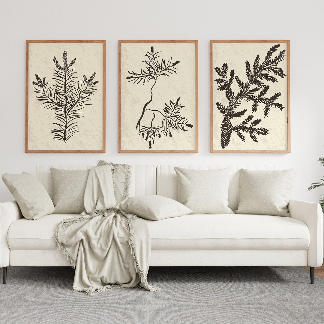 Juniper Branch Line Art, Vintage Botanical Print, Neutral Beige Black ...
