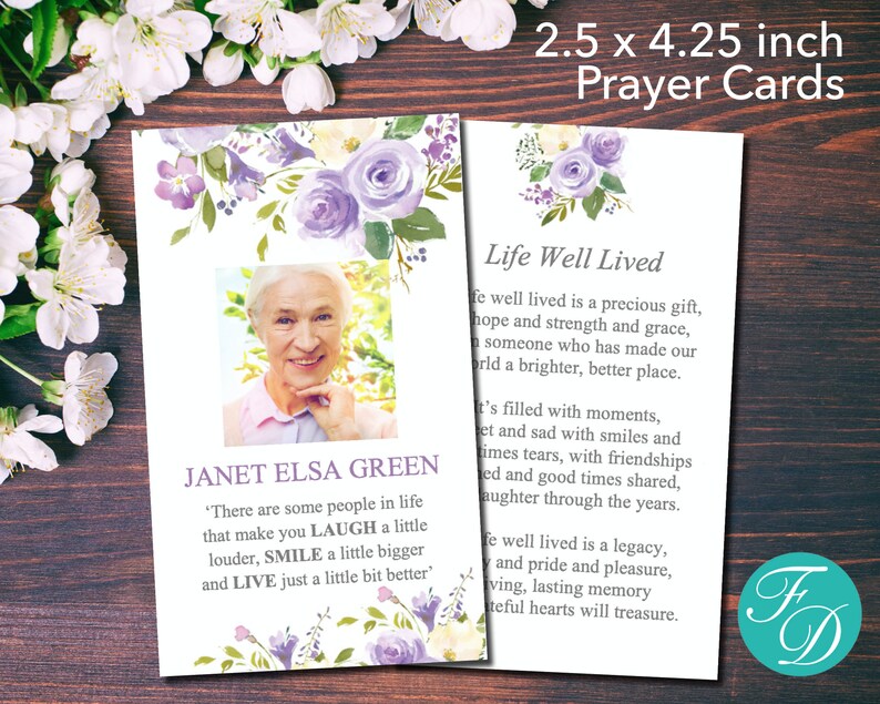 Purple Floral Prayer Card Funeral Template Celebration of | Etsy