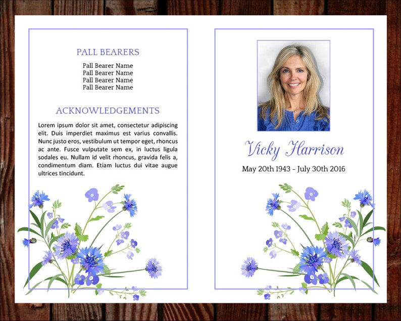 Blue Wild Flower Funeral Program Template Celebration of | Etsy