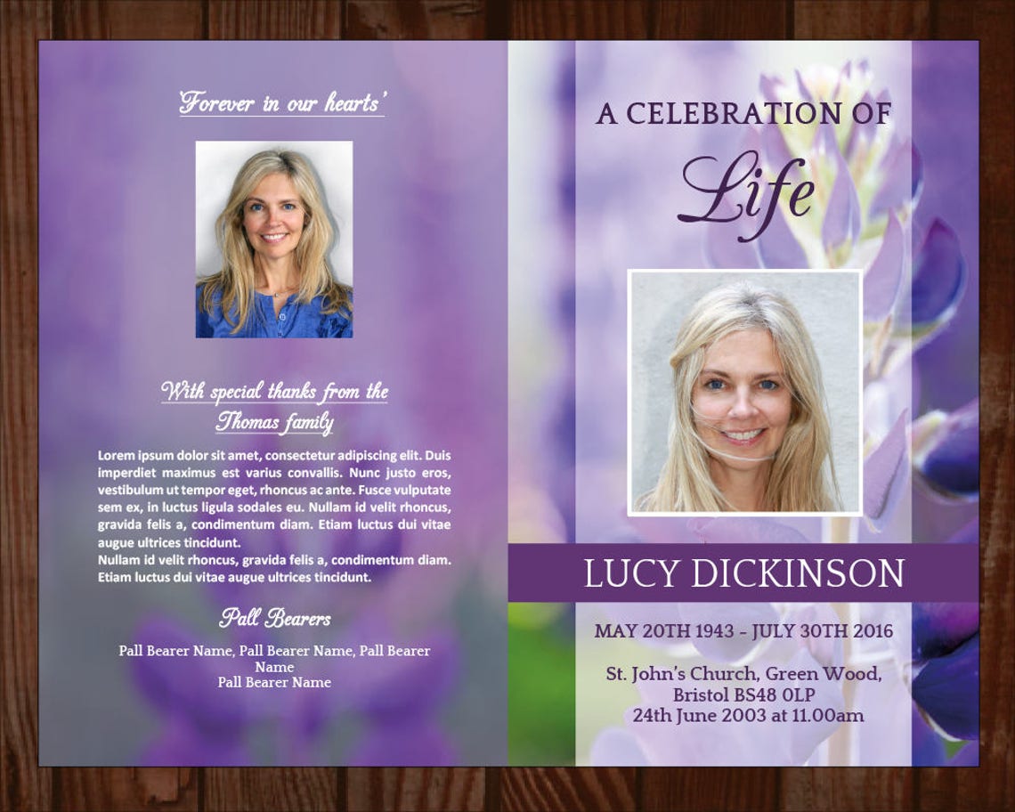 Purple Funeral Program Template Celebration of Life Program | Etsy UK