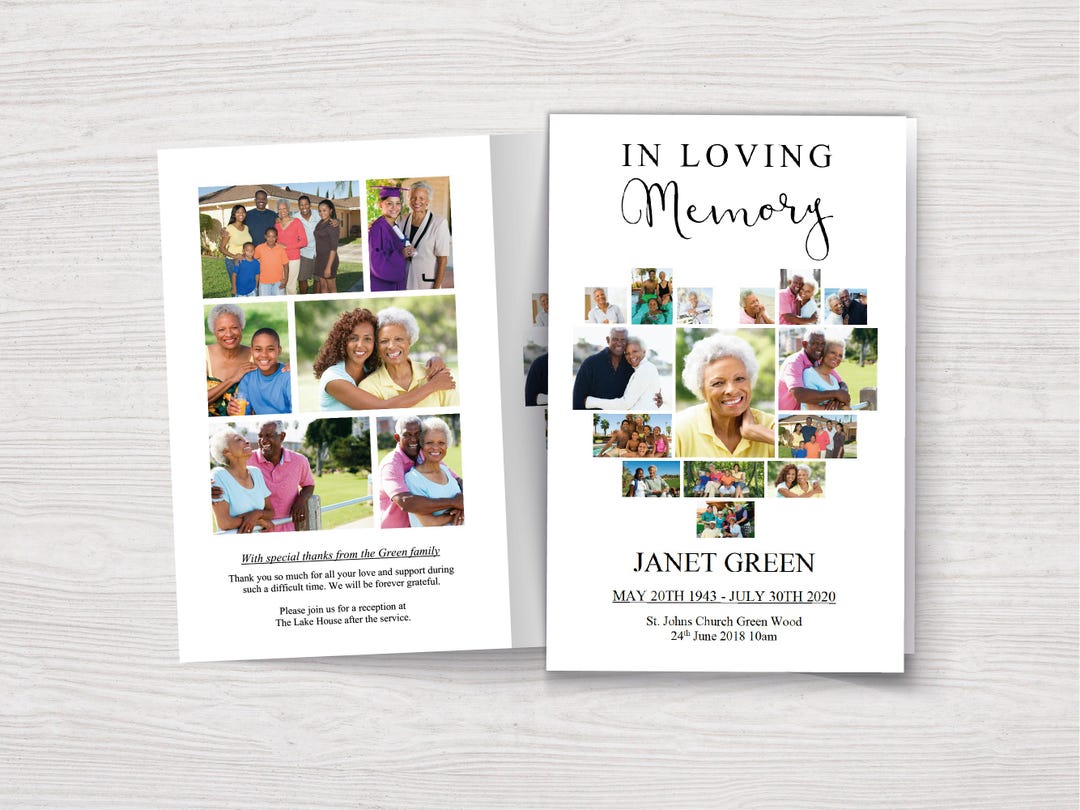 Photo Collage Funeral Program Template | Heart Celebration of Life ...