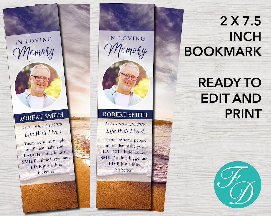 Funeral Bookmark for Man | Funeral Favors | Editable Obituary Bookmark ...