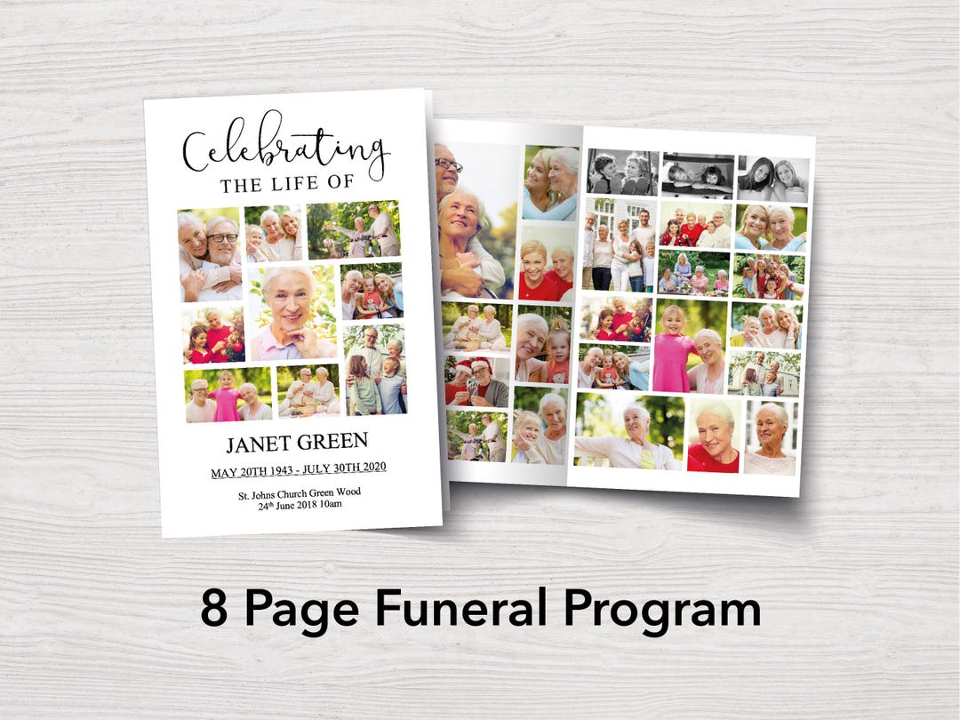 Photo Collage Funeral Program Template With 8 Pages | Obituary Booklet ...